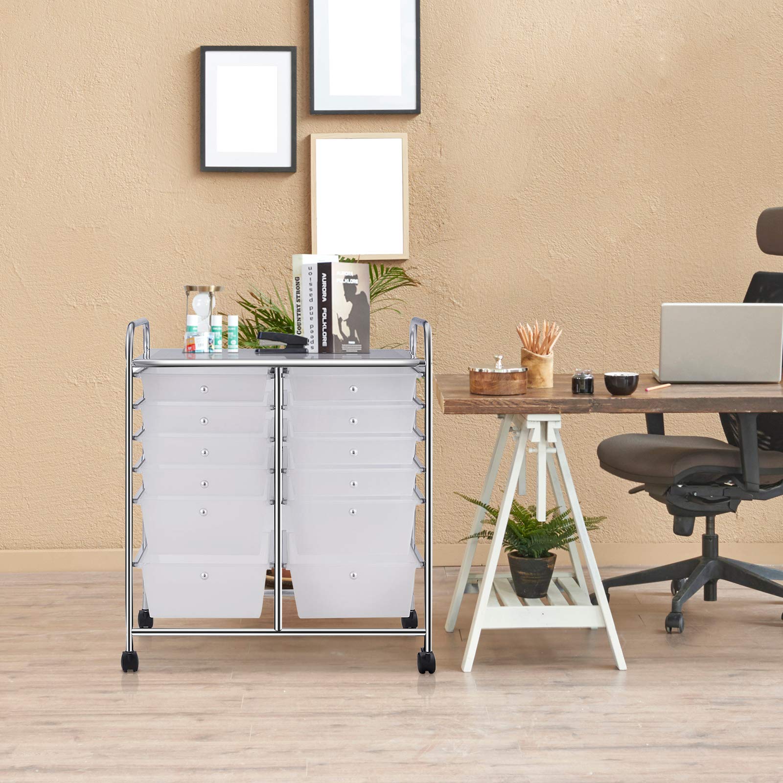 DORTALA 12 Drawer Rolling Storage Cart, Utility Cart with Wheels, Tools Scrapbook Paper Organizer, 2 Sizes of Drawers, Multipurpose Lightweight Cart for School, Office, Home, Beauty Salon, White