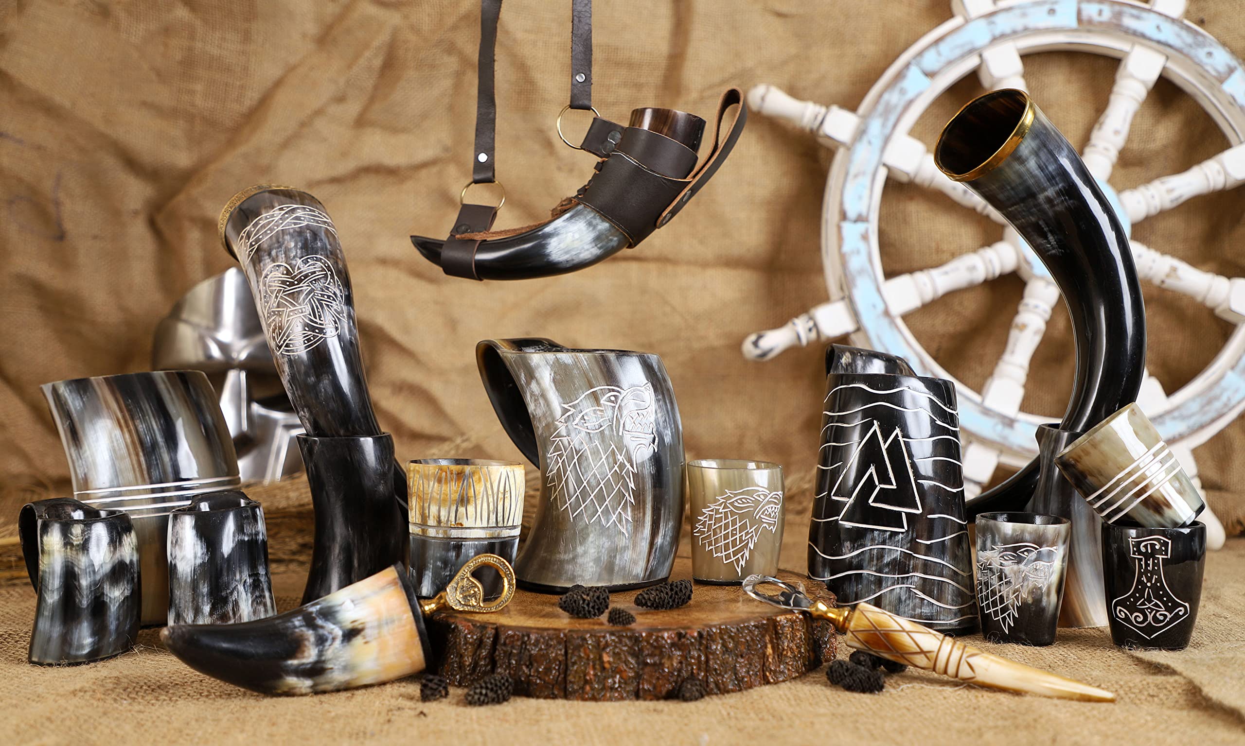 Bhartiya Handicrafts Viking Drinking Horn with Stand - Unique Genuine Ox Horn - Handmade Horn- Mjolnir Carved Horn - Thor Horn 4 pieces