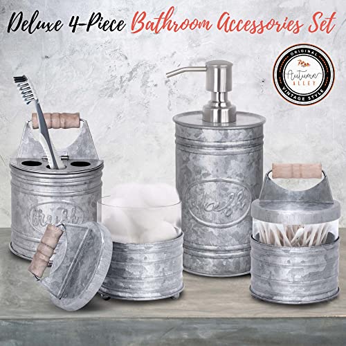 Autumn Alley Rustic Bathroom Accessories Set 4 - Galvanized Farmhouse Soap Dispenser, Rustic Toothbrush Holder, 2 Apothecary Jars Qtip Holder - Rustic Bathroom Decor β Farmhouse Bathroom Accessories