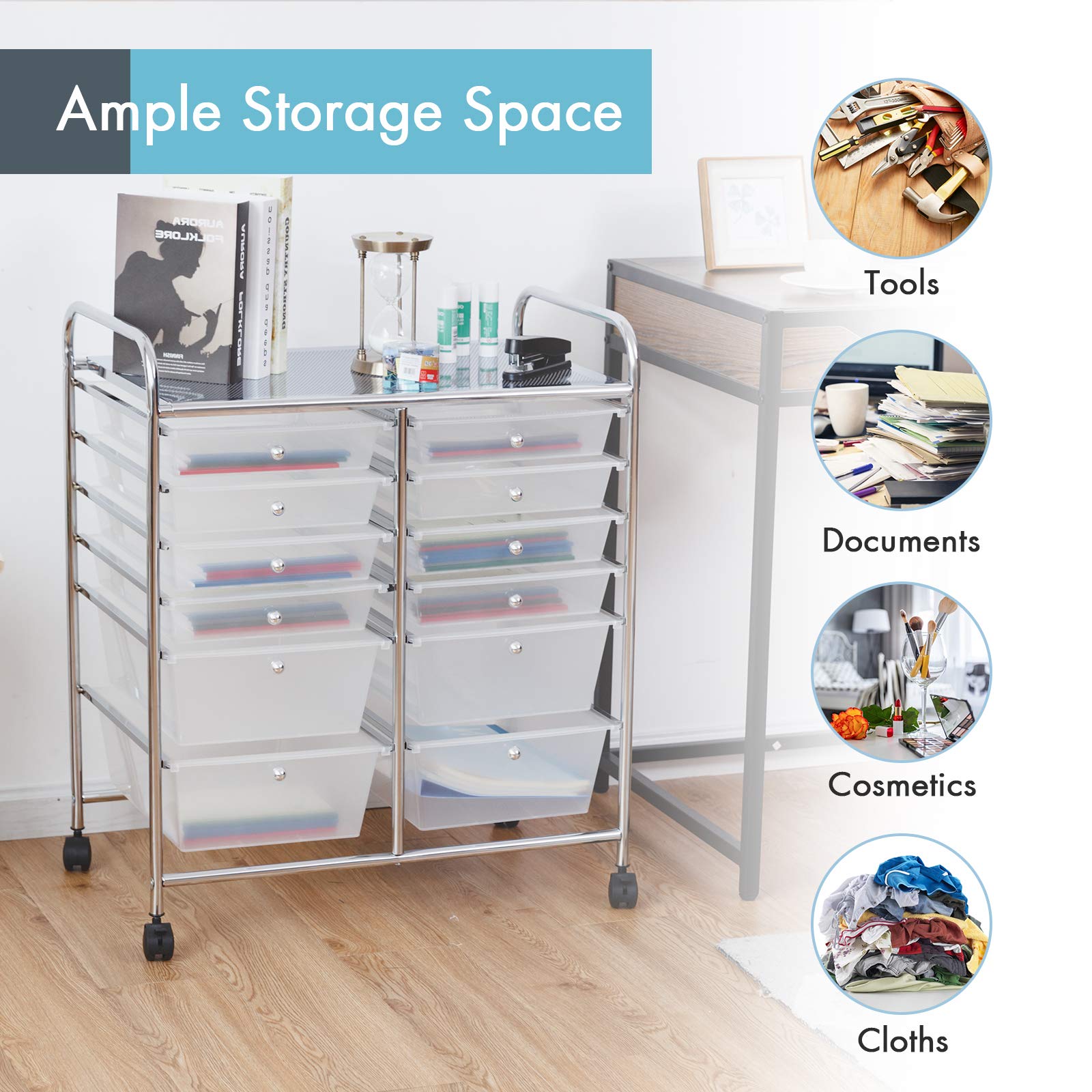 DORTALA 12 Drawer Rolling Storage Cart, Utility Cart with Wheels, Tools Scrapbook Paper Organizer, 2 Sizes of Drawers, Multipurpose Lightweight Cart for School, Office, Home, Beauty Salon, White