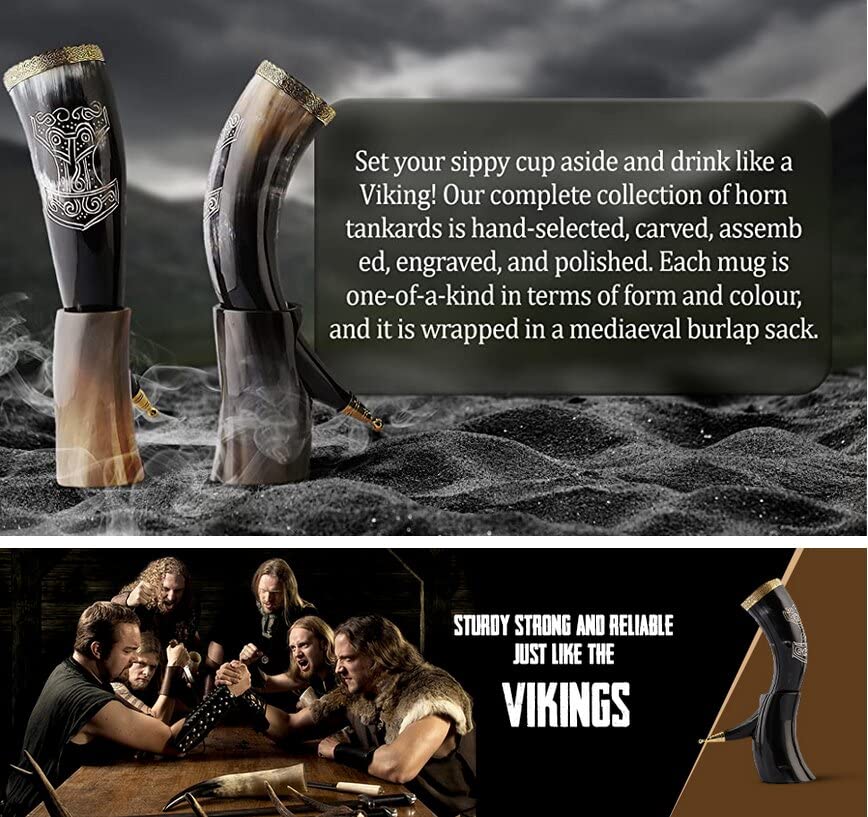 Bhartiya Handicrafts Viking Drinking Horn with Stand - Unique Genuine Ox Horn - Handmade Horn- Mjolnir Carved Horn - Thor Horn 4 pieces