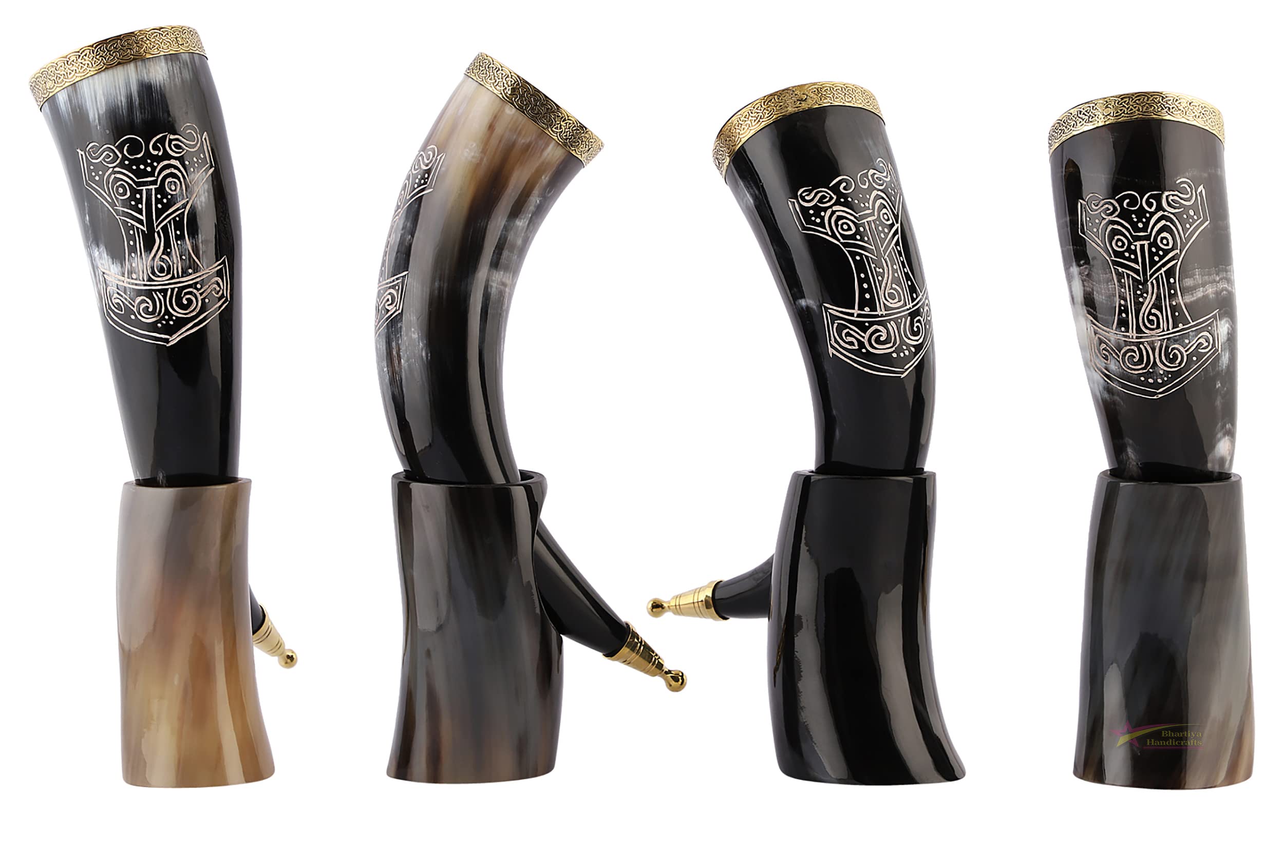 Bhartiya Handicrafts Viking Drinking Horn with Stand - Unique Genuine Ox Horn - Handmade Horn- Mjolnir Carved Horn - Thor Horn 4 pieces