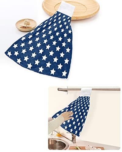 WARM TOUR 2Pcs Kitchen Hanging Towel Independence Day White Pentagram on Navy Blue,Absorbent Soft Hand Tie Towel with Loop USA Flag Stars,Tea Bar Dish Cloth Dry Towel for Bathroom