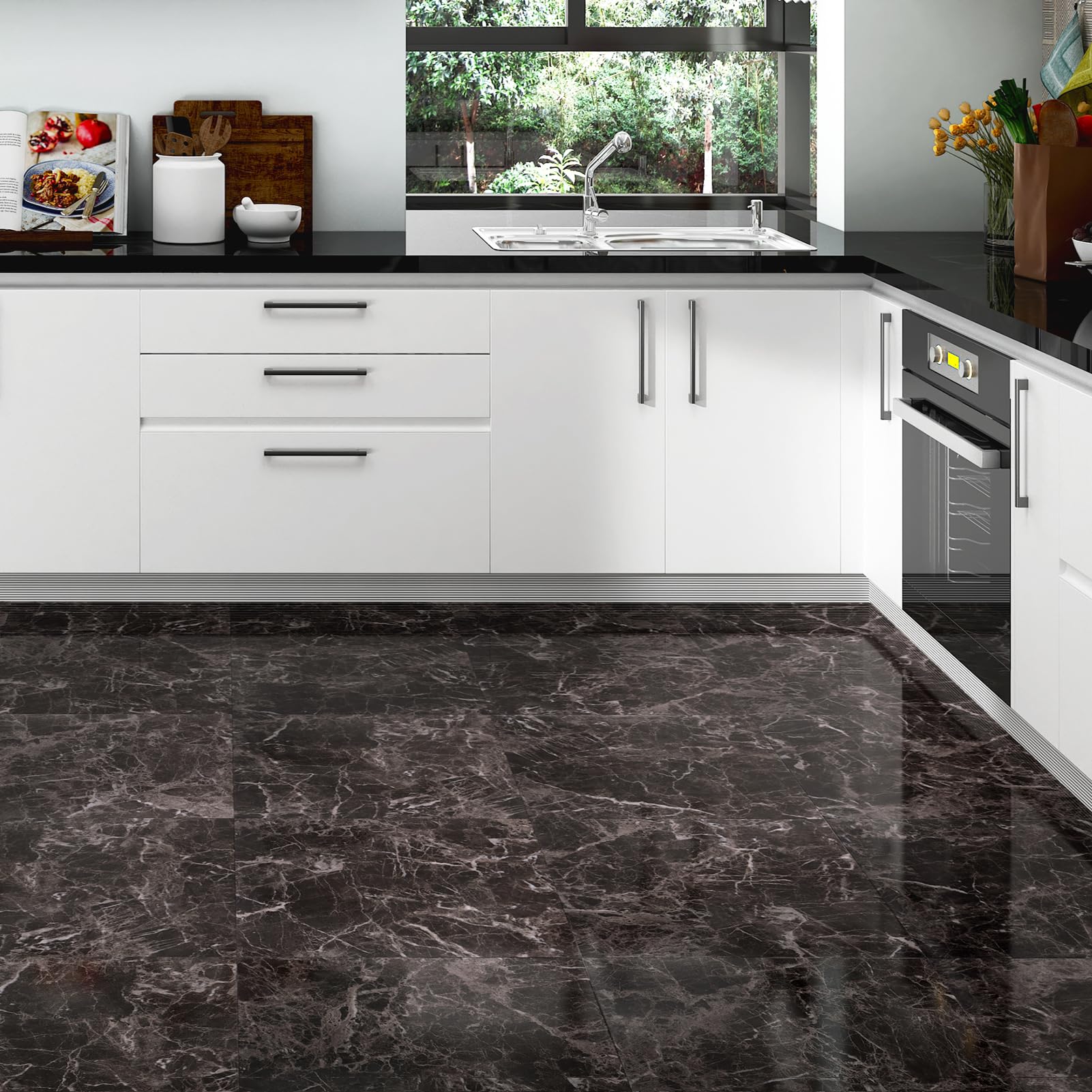 WESTICK Black Marble Peel and Stick Floor Tile Bathroom Flooring Tiles Peel and Stick Waterproof Floor Tile Bedroom Living Room Vinyl Flooring Kitchen Vinyl Tiles for RV Storeroom 5 PCS 12" x 12"