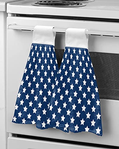 WARM TOUR 2Pcs Kitchen Hanging Towel Independence Day White Pentagram on Navy Blue,Absorbent Soft Hand Tie Towel with Loop USA Flag Stars,Tea Bar Dish Cloth Dry Towel for Bathroom