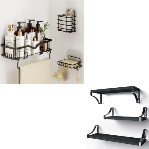 AMADA HOMEFURNISHING Stainless Steel Shower Organizer with Strong Adhesive + Floating Shelves Wall Mounted Set of 3