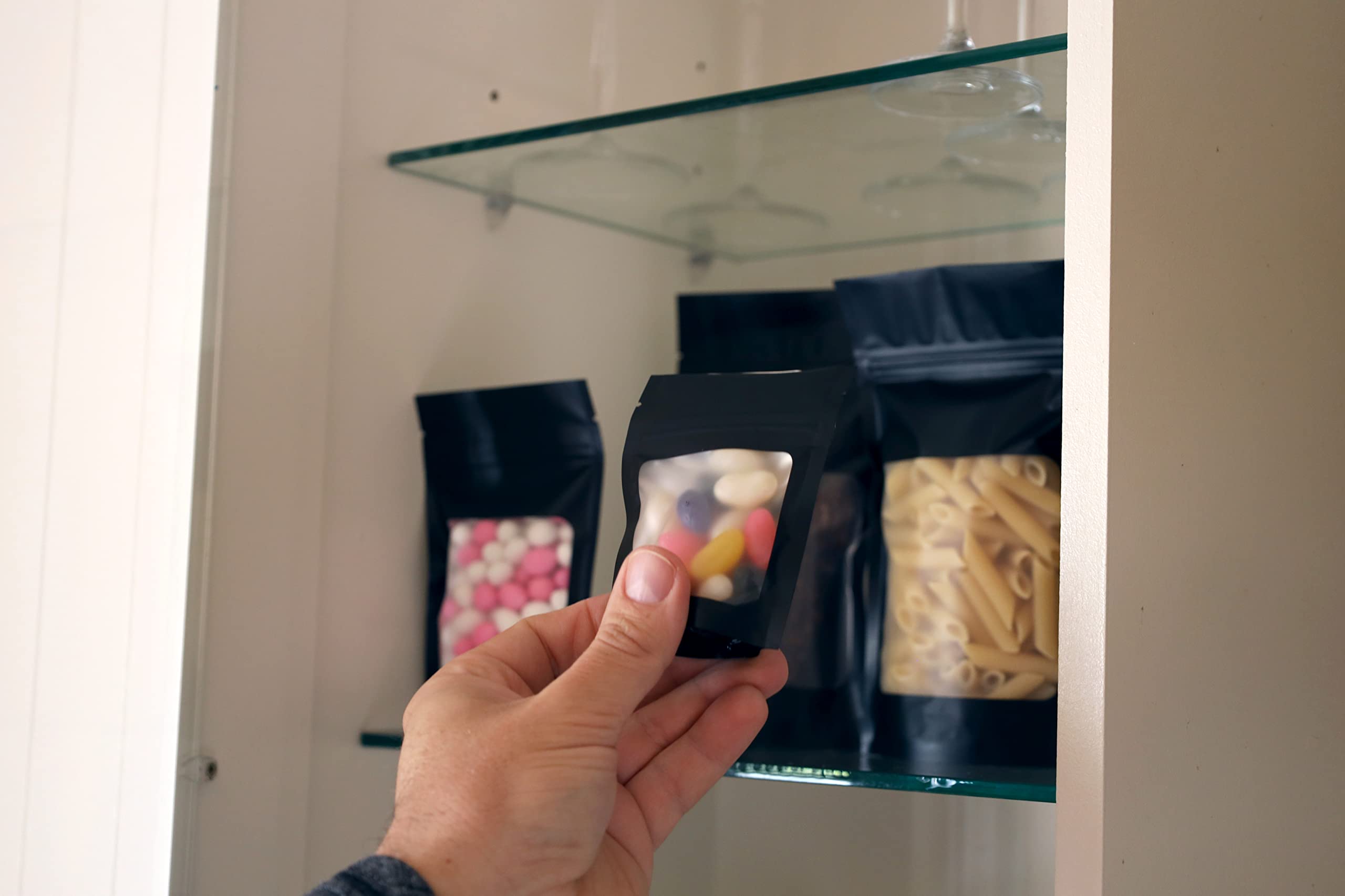 HANSER | Smell Proof Odorless Mylar Resealable Foil Pouch Bags with clear Window | Stand up bottom | Airtight | matte white | 100 Pieces | 3x4 inches