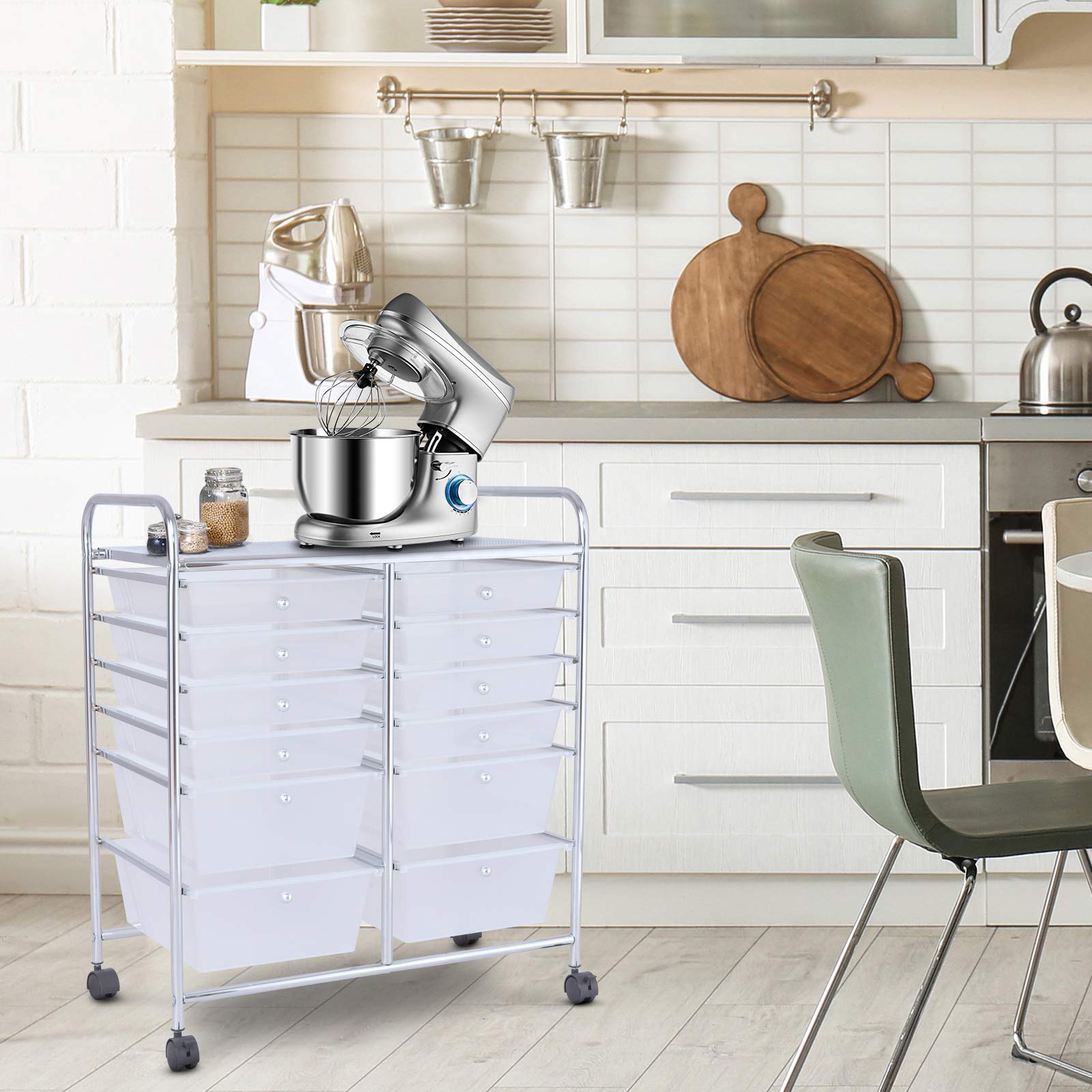 DORTALA 12 Drawer Rolling Storage Cart, Utility Cart with Wheels, Tools Scrapbook Paper Organizer, 2 Sizes of Drawers, Multipurpose Lightweight Cart for School, Office, Home, Beauty Salon, White