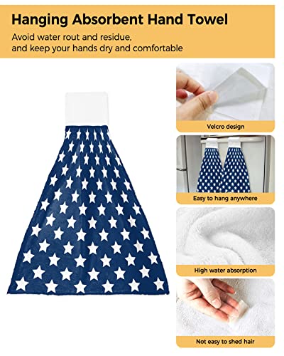 WARM TOUR 2Pcs Kitchen Hanging Towel Independence Day White Pentagram on Navy Blue,Absorbent Soft Hand Tie Towel with Loop USA Flag Stars,Tea Bar Dish Cloth Dry Towel for Bathroom