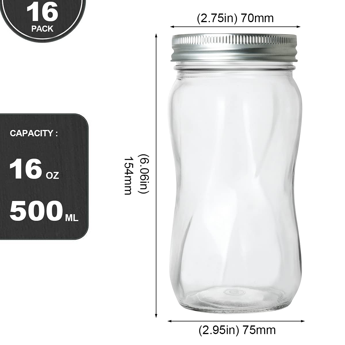KAMOTA Mason Jars 16 OZ With Regular Lids and Bands, Ideal for Meal Prep, Jam, Honey, Wedding Favors, Shower Favors, DIY Spice Jars, 16 PACK, 20 Whiteboard Labels Included