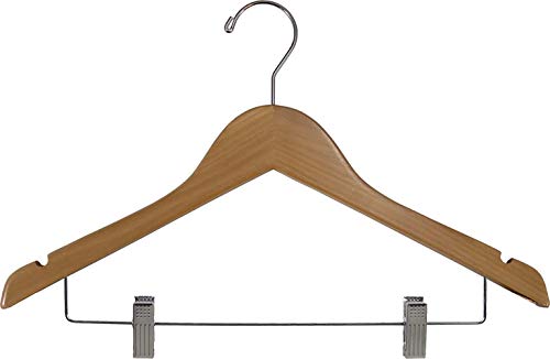 Petite Natural Wooden Combo Skirt Hanger with Clips in 15" Length X 7/16" Thick & Chrome Hardware, Box of 25