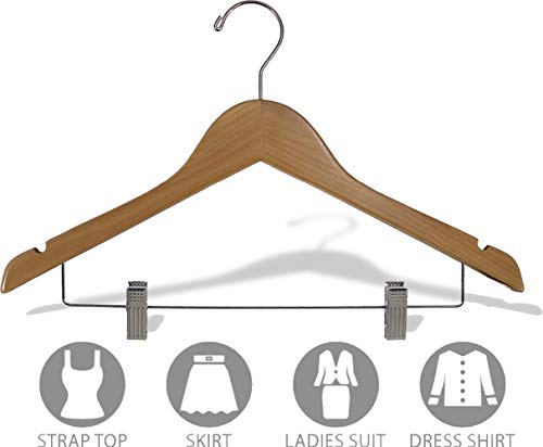 Petite Natural Wooden Combo Skirt Hanger with Clips in 15" Length X 7/16" Thick & Chrome Hardware, Box of 25