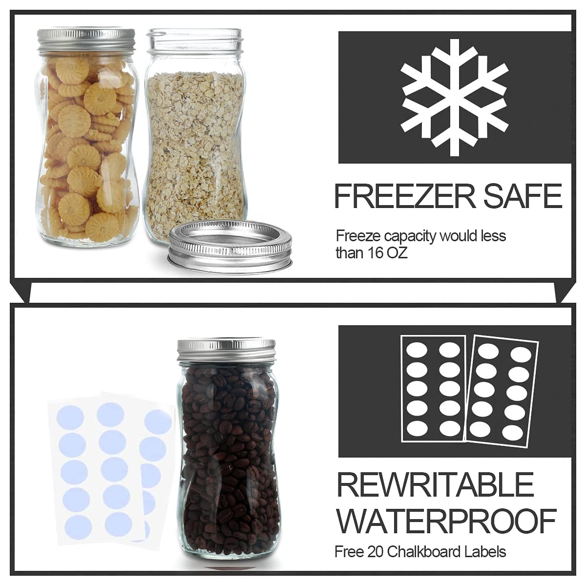 KAMOTA Mason Jars 16 OZ With Regular Lids and Bands, Ideal for Meal Prep, Jam, Honey, Wedding Favors, Shower Favors, DIY Spice Jars, 16 PACK, 20 Whiteboard Labels Included