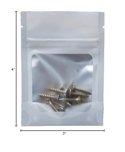 HANSER | Smell Proof Odorless Mylar Resealable Foil Pouch Bags with clear Window | Stand up bottom | Airtight | matte white | 100 Pieces | 3x4 inches