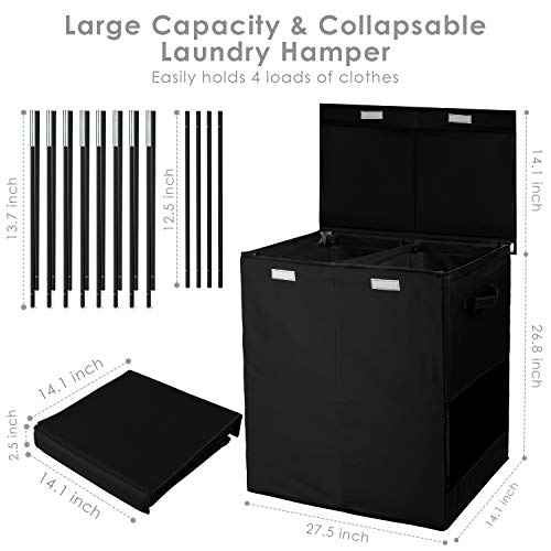 HOUSE AGAIN Double Laundry Hamper with Lid and Removable Laundry Bags, 160L, 2 Divider Dirty Clothes Hamper with Handles for Bedroom, Dorm, Foldable Laundry Basket Organizer, Dual hamper (Black)