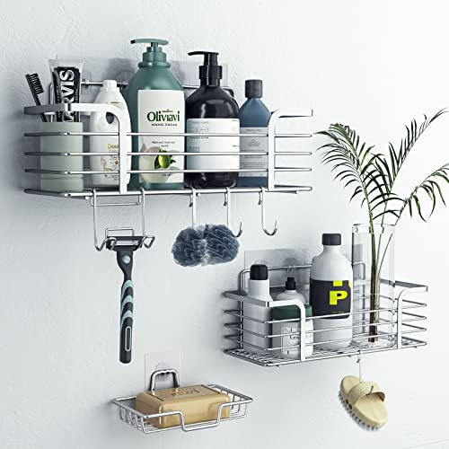 2 Pack Adhesive Shower Caddy Organizer Rack Shower Storage Shelf with Razor Holder and Extra Stickers for Inside Shower, No Drilling Organizer Rack Floating Shower Shelves for Bathroom Kitchen