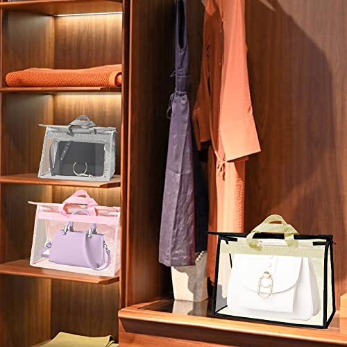12 Pack Dust Bags for Handbags,Clear Handbag Storage Organizer with 12 Hooks Purse Dust Cover Storage Bag 4 Sizes Handbag Protector Bag for Closet (Gray+Pink+Yellow)