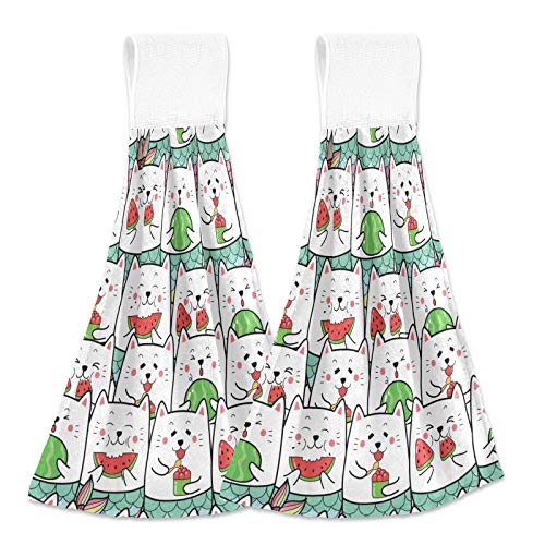 DIGTIA Summer Cat Kitchen Towels 2 Pack Funny Watermelon Hand Towel Bathroom Fruit Cute with Loop 12"x17" Fingertips Towels