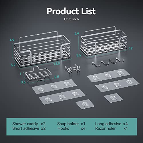 2 Pack Adhesive Shower Caddy Organizer Rack Shower Storage Shelf with Razor Holder and Extra Stickers for Inside Shower, No Drilling Organizer Rack Floating Shower Shelves for Bathroom Kitchen