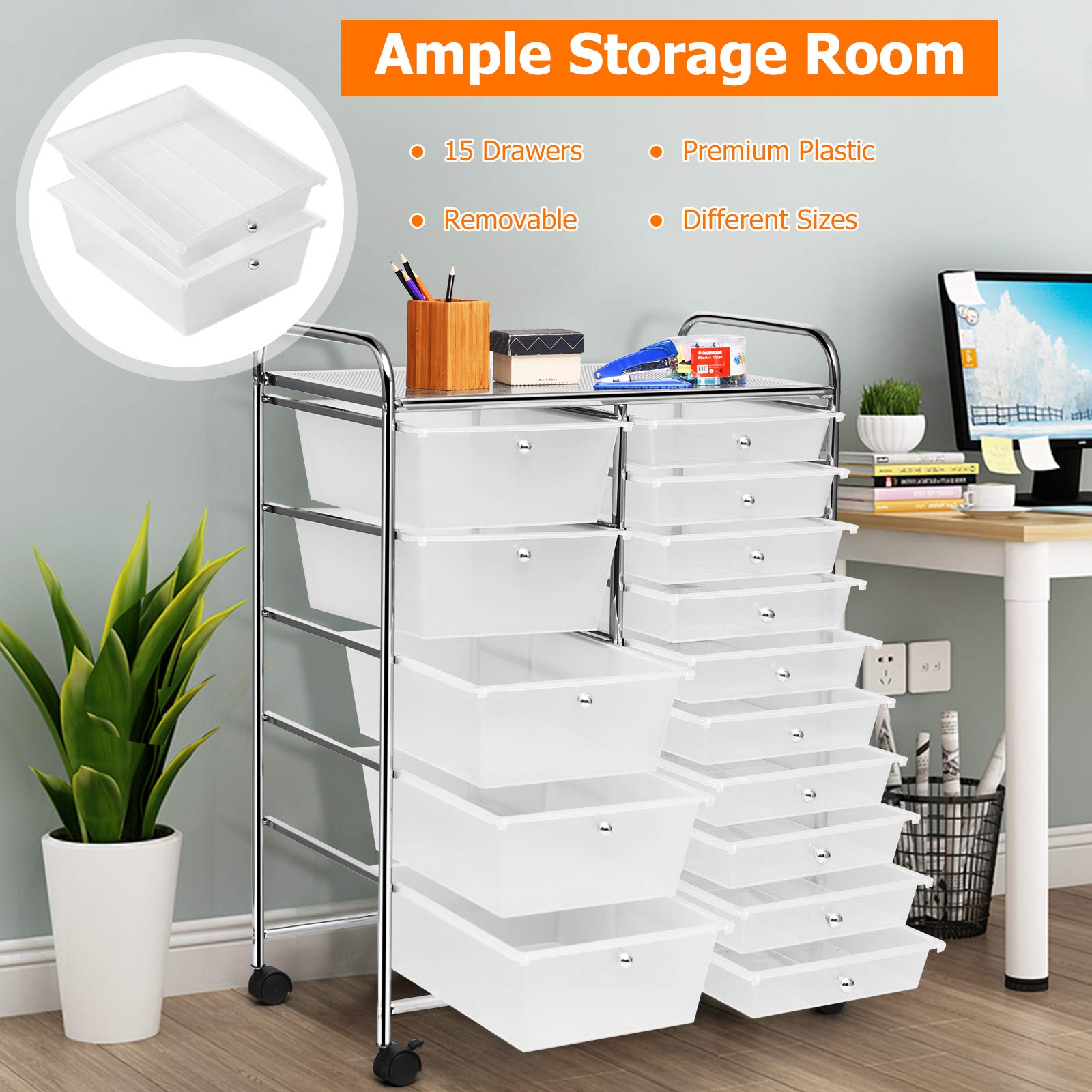 Byroce 15-Drawer Storage Rolling Cart, Mobile Classroom Craft Organizer for Art Supplies, Tools & Paper, Multipurpose Storage Cart on Wheels for School, Home Office (Clear)