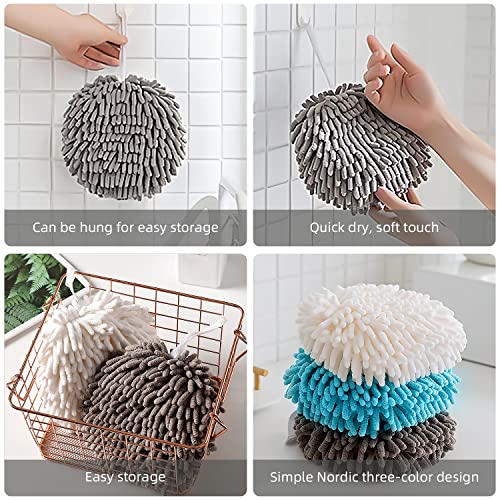 TYUI Chenille Hand Towel Ball,Soft Absorbent Chenille Ball Towel Sets,Microfiber Quick Drying Hands Towels for Bathroom/Kitchen3 Pack(White+Gray+Blue)