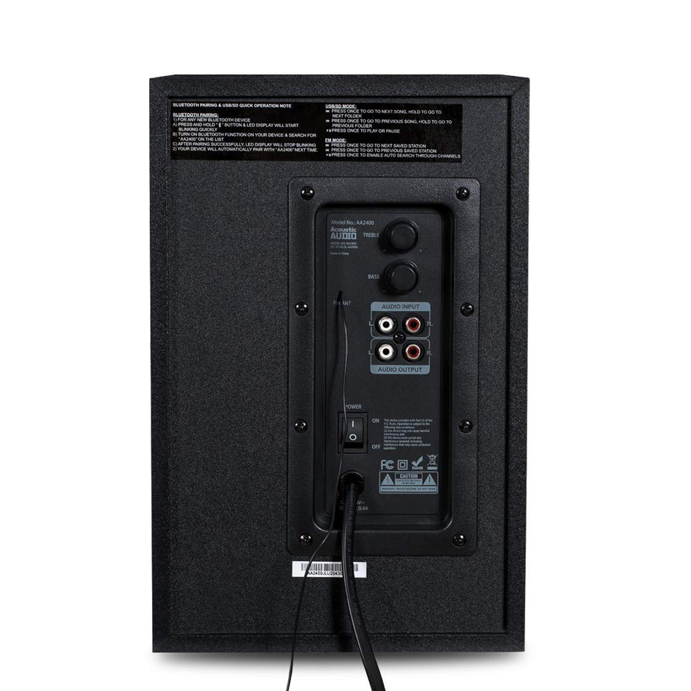 Acoustic Audio by Goldwood Bluetooth 2.1 Surround Sound System with LED Light Display, FM Tuner, USB/SD Card Inputs - Multimedia PC Speaker Set with Subwoofer, Includes Remote Control - AA2400 Black
