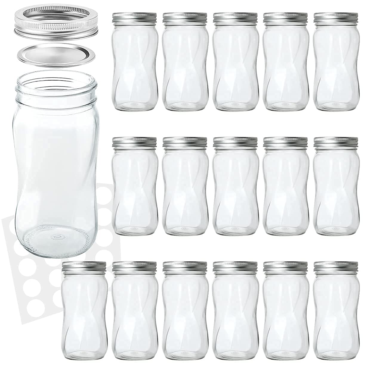 KAMOTA Mason Jars 16 OZ With Regular Lids and Bands, Ideal for Meal Prep, Jam, Honey, Wedding Favors, Shower Favors, DIY Spice Jars, 16 PACK, 20 Whiteboard Labels Included