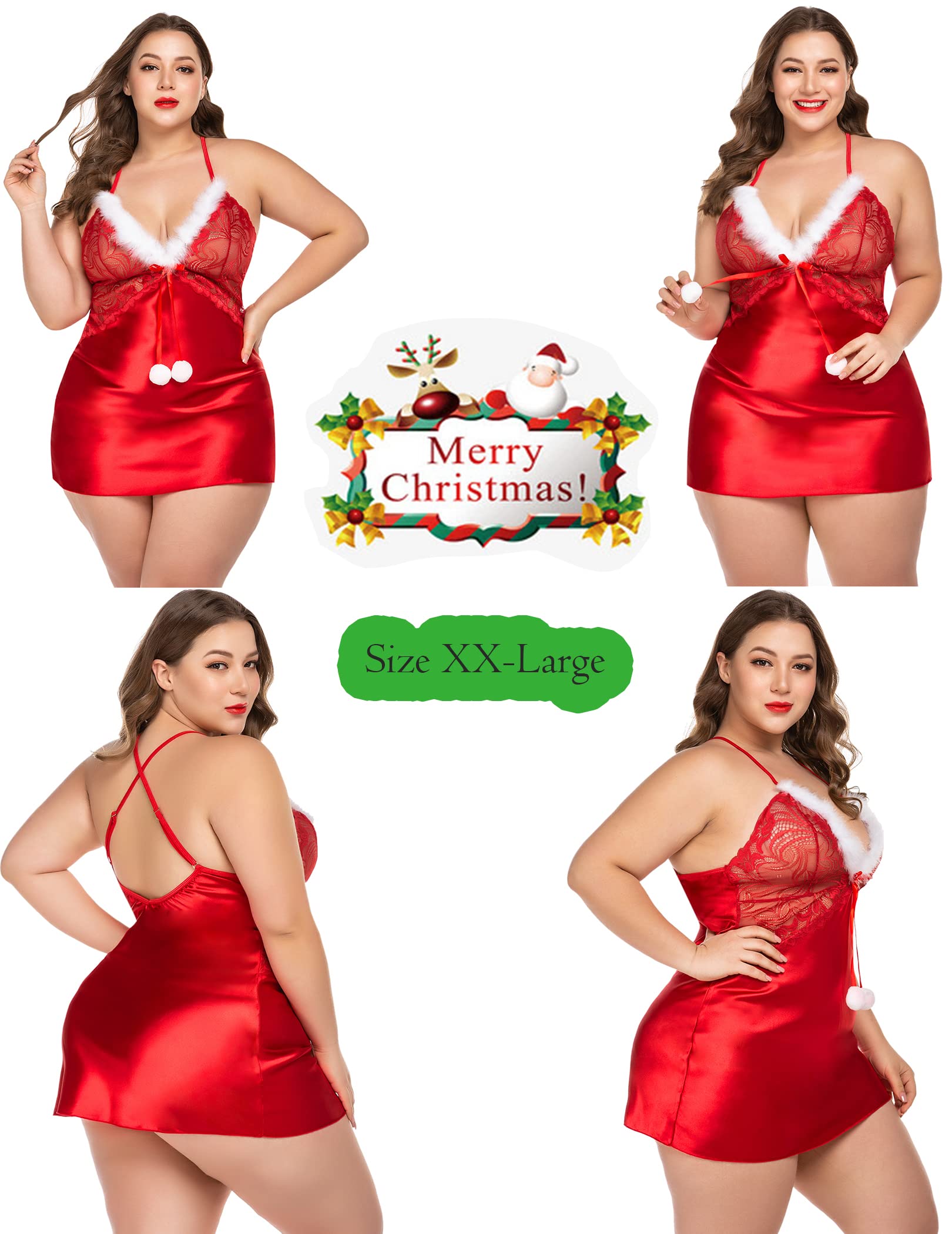 Avidlove Womens Christmas Lingerie Red Santa Babydolls Chemises Set Satin Nightgown Red Small