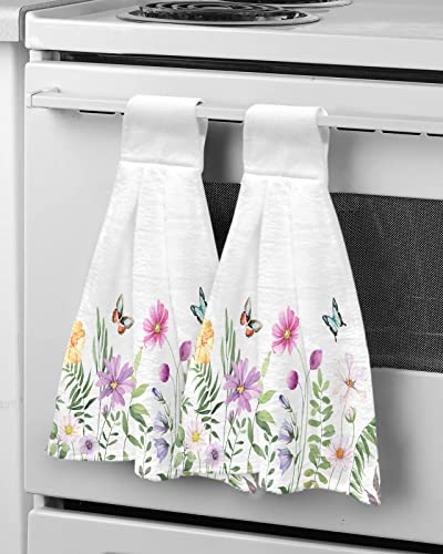 Spring Blossom Flowers and Butterfly Hanging Kitchen Towels Soft Absorbent Hand Tie Towels Set with Hook&Loop,Botanical Plants on White Tea Bar Dish Cloths Towel for Bathroom Laundry Room BBQ,2pc