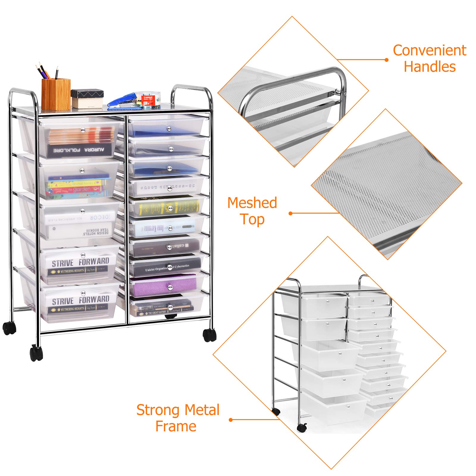 Byroce 15-Drawer Storage Rolling Cart, Mobile Classroom Craft Organizer for Art Supplies, Tools & Paper, Multipurpose Storage Cart on Wheels for School, Home Office (Clear)
