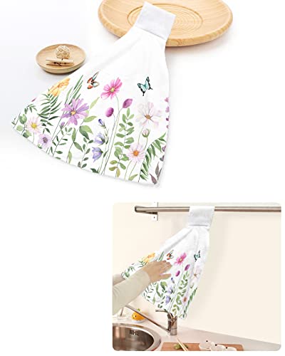 Spring Blossom Flowers and Butterfly Hanging Kitchen Towels Soft Absorbent Hand Tie Towels Set with Hook&Loop,Botanical Plants on White Tea Bar Dish Cloths Towel for Bathroom Laundry Room BBQ,2pc