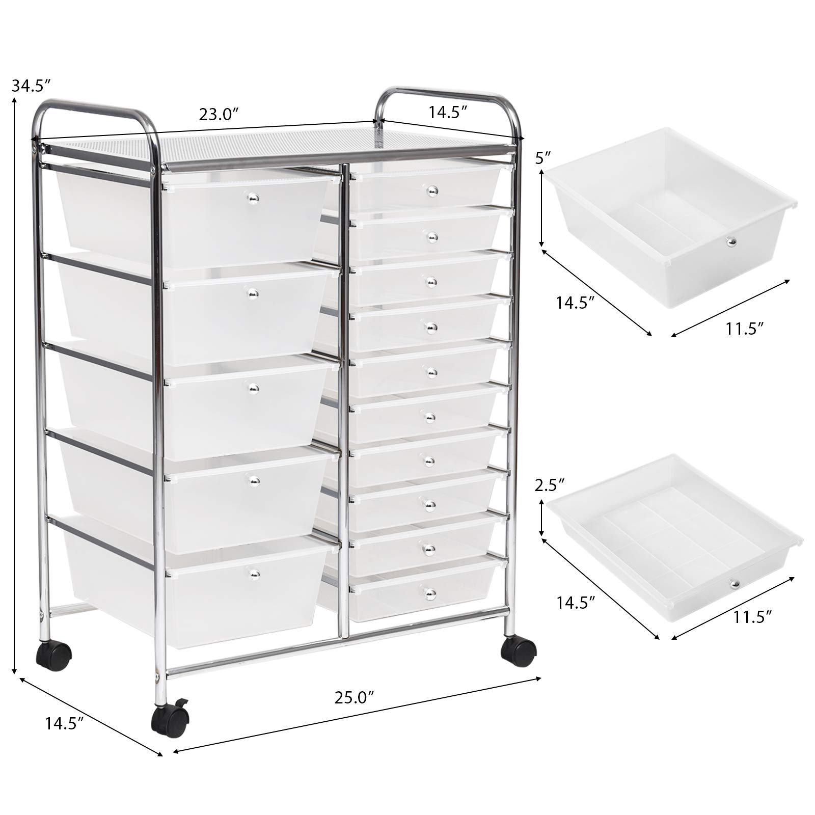 Byroce 15-Drawer Storage Rolling Cart, Mobile Classroom Craft Organizer for Art Supplies, Tools & Paper, Multipurpose Storage Cart on Wheels for School, Home Office (Clear)