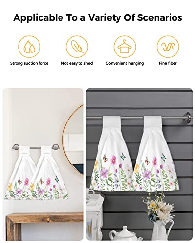 Spring Blossom Flowers and Butterfly Hanging Kitchen Towels Soft Absorbent Hand Tie Towels Set with Hook&Loop,Botanical Plants on White Tea Bar Dish Cloths Towel for Bathroom Laundry Room BBQ,2pc