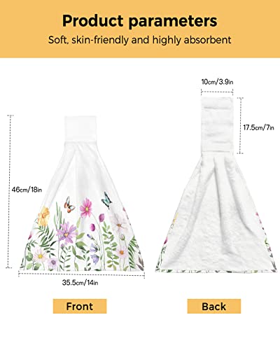 Spring Blossom Flowers and Butterfly Hanging Kitchen Towels Soft Absorbent Hand Tie Towels Set with Hook&Loop,Botanical Plants on White Tea Bar Dish Cloths Towel for Bathroom Laundry Room BBQ,2pc