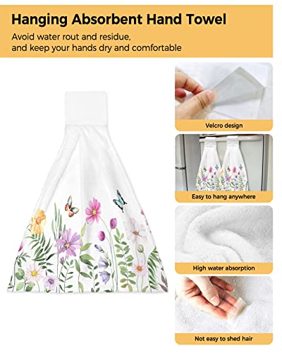 Spring Blossom Flowers and Butterfly Hanging Kitchen Towels Soft Absorbent Hand Tie Towels Set with Hook&Loop,Botanical Plants on White Tea Bar Dish Cloths Towel for Bathroom Laundry Room BBQ,2pc