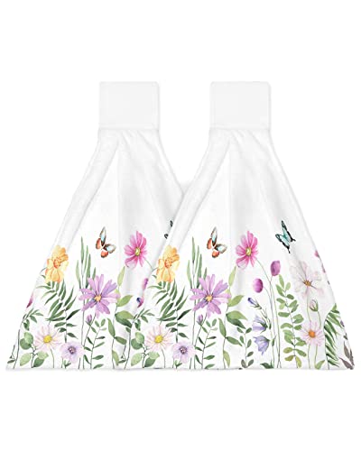 Spring Blossom Flowers and Butterfly Hanging Kitchen Towels Soft Absorbent Hand Tie Towels Set with Hook&Loop,Botanical Plants on White Tea Bar Dish Cloths Towel for Bathroom Laundry Room BBQ,2pc
