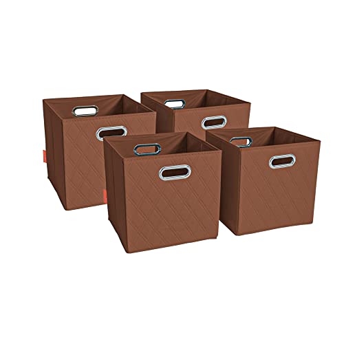 JIAessentials Large 13-inch Brown Foldable Diamond Patterned Faux Leather Storage Cube Bins Set of Four with Handles with Dual Handles for living room, bedroom and office storage
