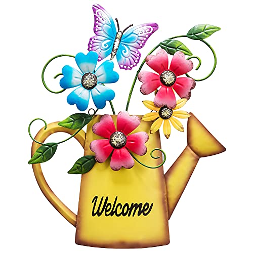 Fawgold Watering Can Metal Wall Art Outdoor Decor Welcome Sign for Front Door Decorations Outdoor Hanging for Home Garden Porch Patio Yard Fence Backyard Front Porch Decor 15 Inch