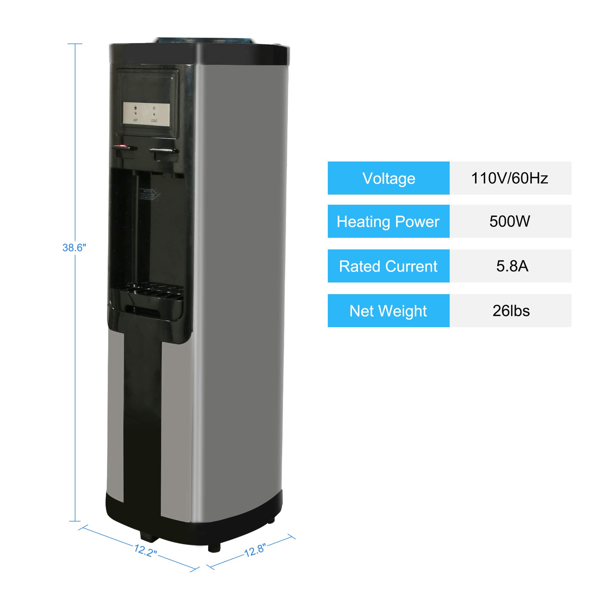 Vilobos Top Loading Water Dispenser Hot/Cold Water Cooler Dispenser-Holds 3 or 5 Gallon Bottles, Child Safety Lock,Removable Drip Tray for Home Office,Black