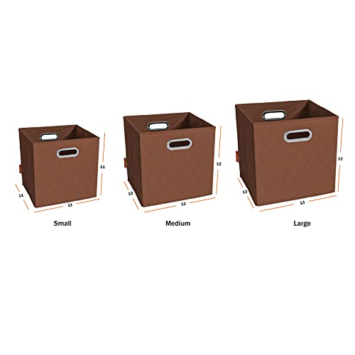 JIAessentials Large 13-inch Brown Foldable Diamond Patterned Faux Leather Storage Cube Bins Set of Four with Handles with Dual Handles for living room, bedroom and office storage