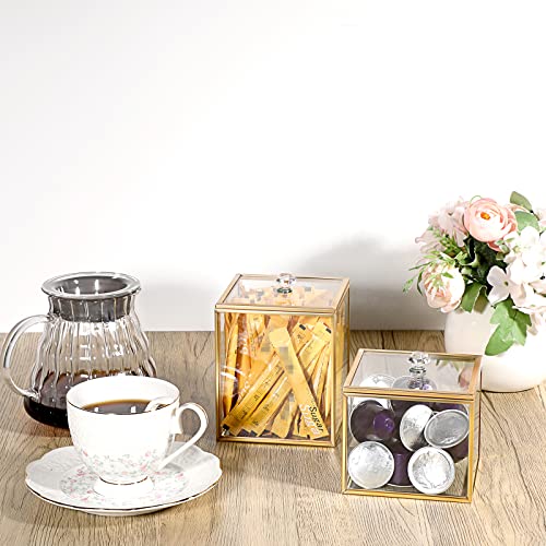 Hipiwe 2 Pack Glass Qtip Holder Dispenser With Lid Gold Bathroom Containers for Cotton Balls Makeup Sponges Bath Salts Candles Vanity Canisters Countertop Storage Organizer Jar