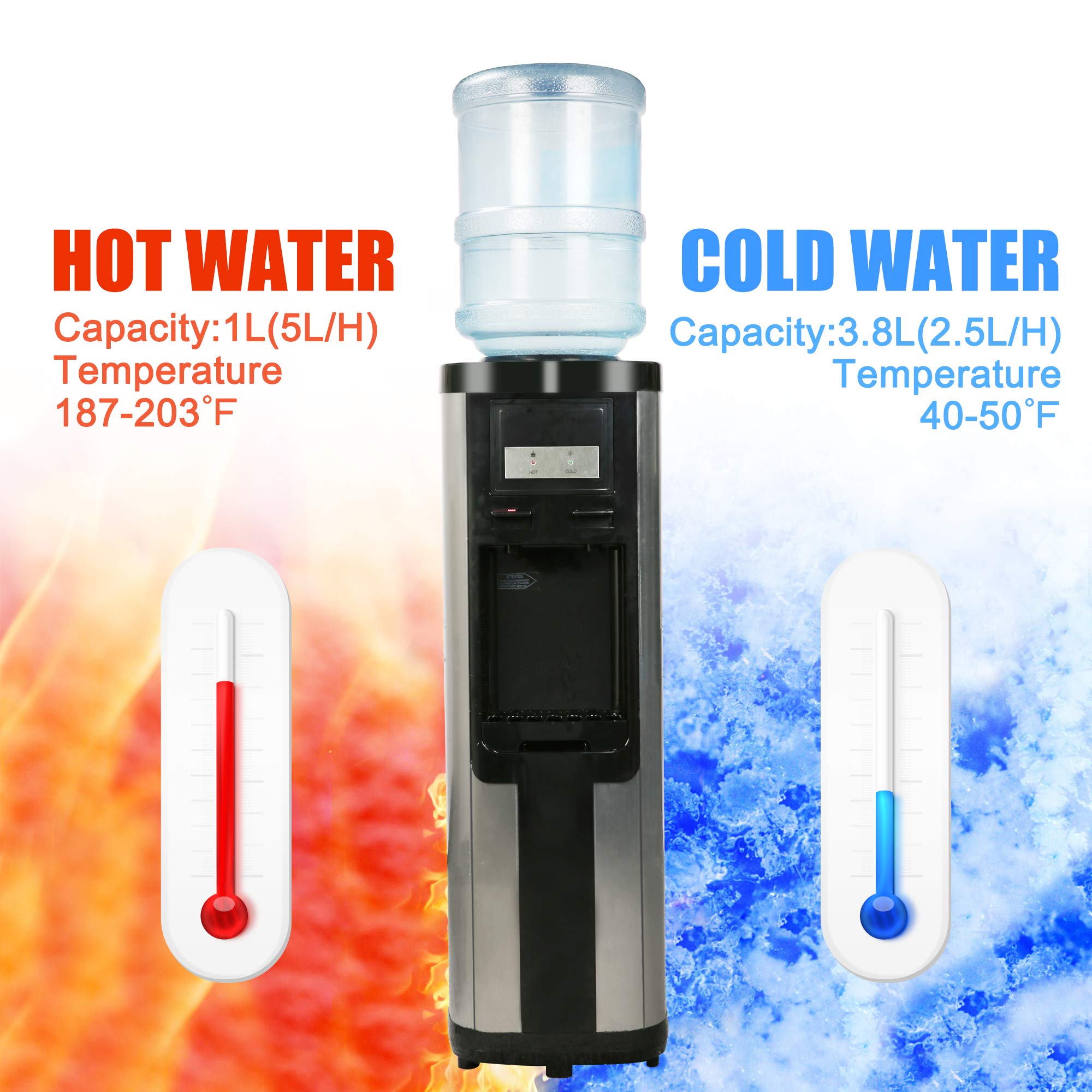 Vilobos Top Loading Water Dispenser Hot/Cold Water Cooler Dispenser-Holds 3 or 5 Gallon Bottles, Child Safety Lock,Removable Drip Tray for Home Office,Black