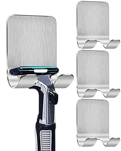 ABINLIN Razor Holder for Shower Wall 4 Pack, Stainless Steel Razor Hanger for Shower, Waterproof Self-Adhesive Towel Hooks for Bathrooms (Silver)