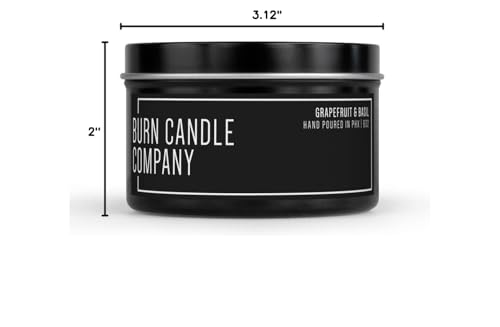 Grapefruit and Basil | Natural Soy Candle | Hand Poured in The USA | Long Lasting 48-56 Burn Time | Highly Scented Aromatherapy Candle | Contemporary Black Tin | 8 oz