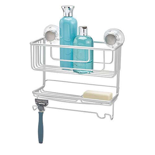 iDesign Metro Rustproof Aluminum Turn-N-Lock Suction, Bathroom Shower Combo Basket for Shampoo, Conditioner, Soap - 2 Tiers, Silver