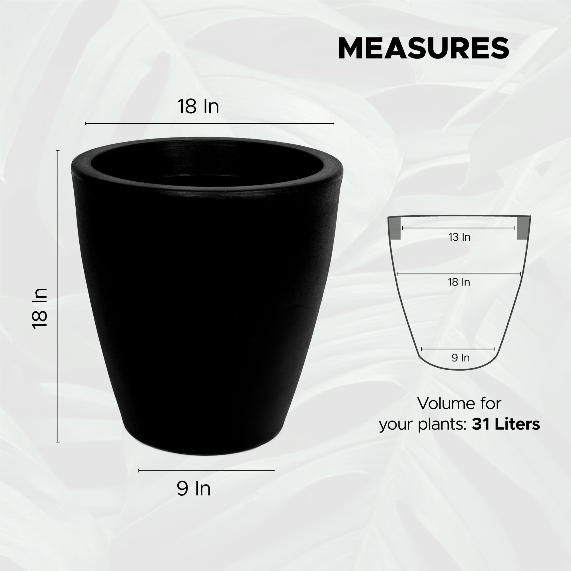 Elly Décor 17 inch Planter for Garden with Drainage, Large Round, Lightweight & Extremely Durable, Deck Indoor/Outdoor Plastic Pot, 17"x15"x9", Black