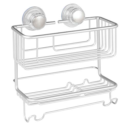 iDesign Metro Rustproof Aluminum Turn-N-Lock Suction, Bathroom Shower Combo Basket for Shampoo, Conditioner, Soap - 2 Tiers, Silver