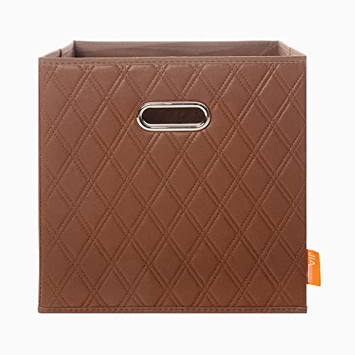 JIAessentials Large 13-inch Brown Foldable Diamond Patterned Faux Leather Storage Cube Bins Set of Four with Handles with Dual Handles for living room, bedroom and office storage