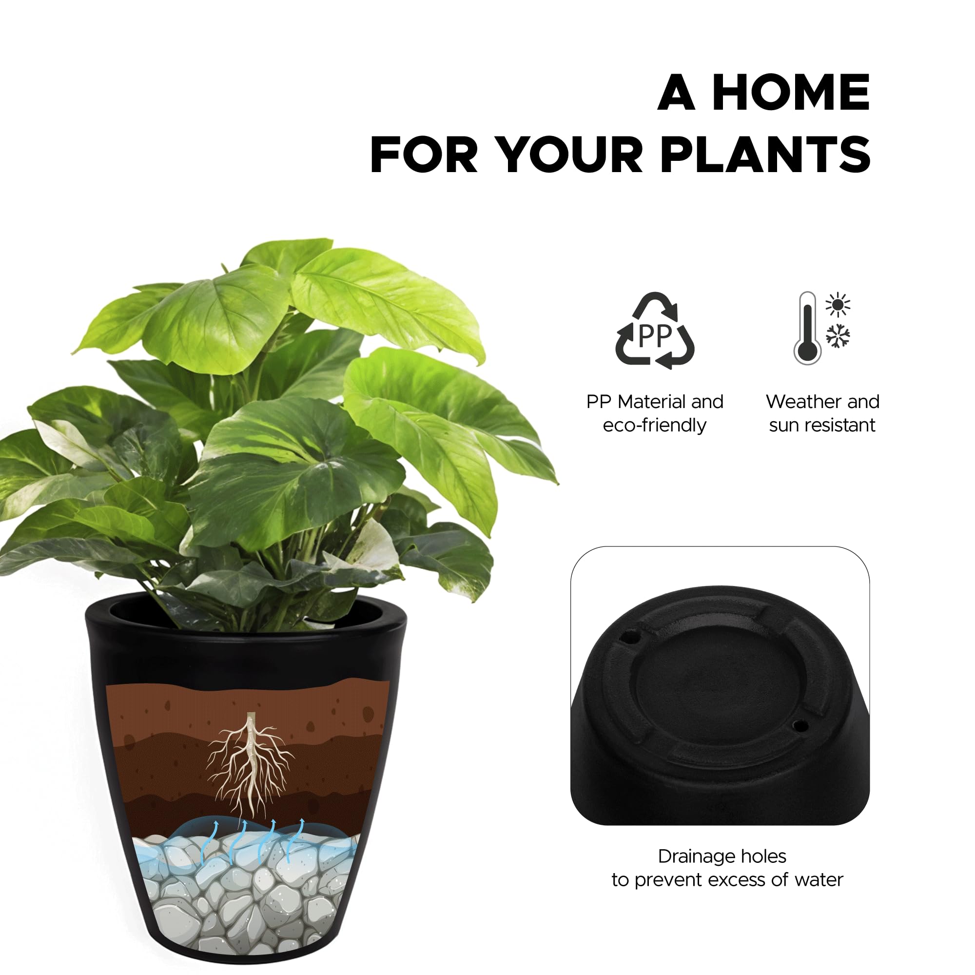 Elly Décor 17 inch Planter for Garden with Drainage, Large Round, Lightweight & Extremely Durable, Deck Indoor/Outdoor Plastic Pot, 17"x15"x9", Black