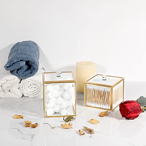Hipiwe 2 Pack Glass Qtip Holder Dispenser With Lid Gold Bathroom Containers for Cotton Balls Makeup Sponges Bath Salts Candles Vanity Canisters Countertop Storage Organizer Jar